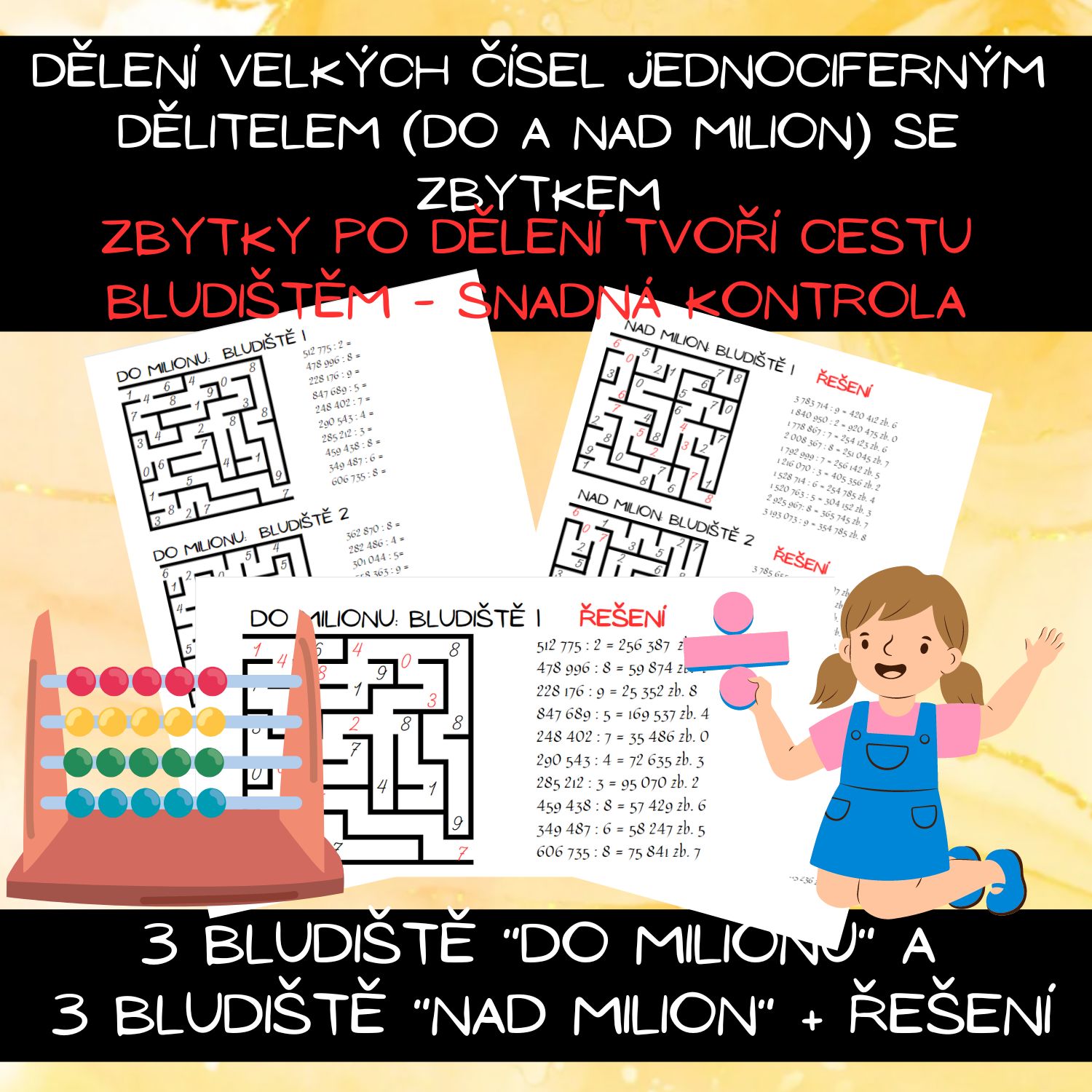 Dělení velkých čísel jednociferným dělitelem - výsledky se zbytkem -bludiště - Matematika ...